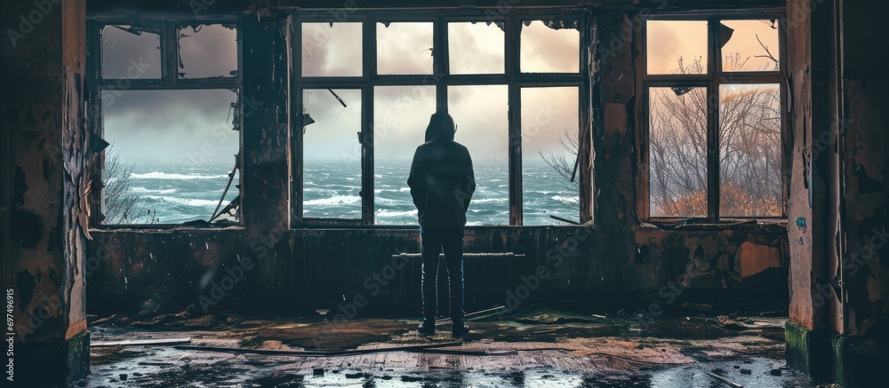 Man observing storm from shattered window in old building. Stock Photo ...