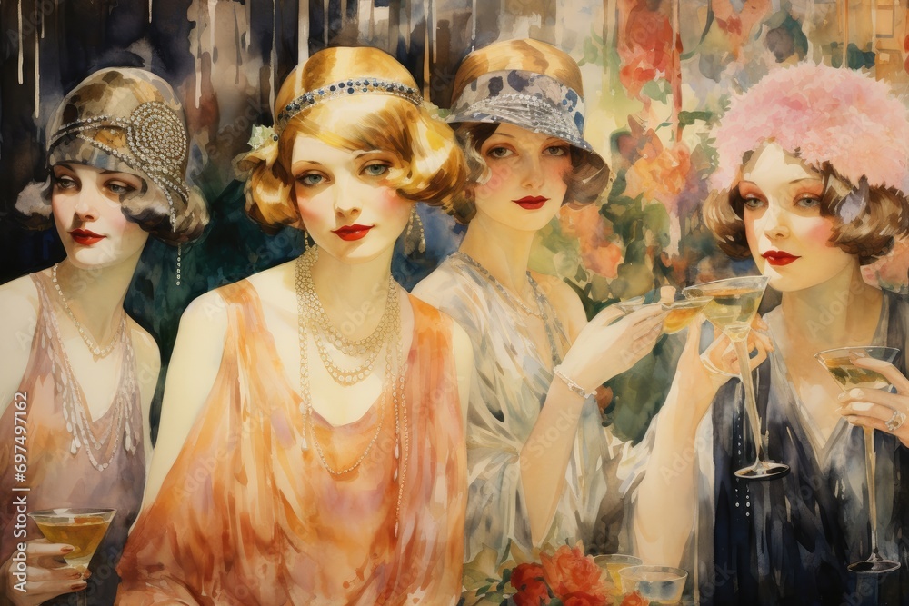Vintage portrait of beautiful women with a glass of champagne. Retro ...
