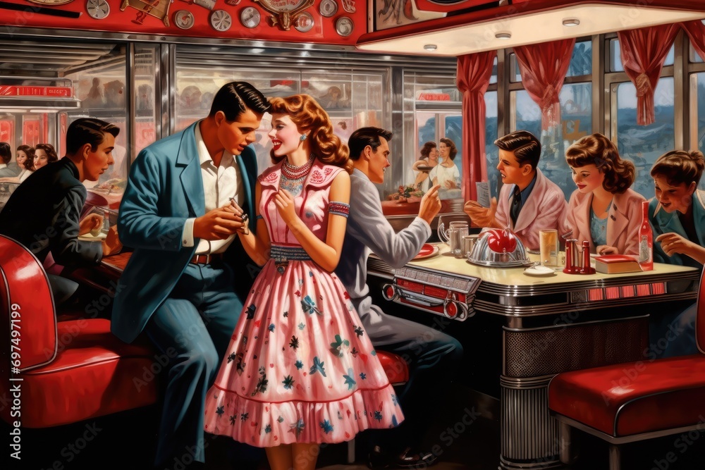 In the interior of a coffee shop in Krakow, 1950s diner scene with ...