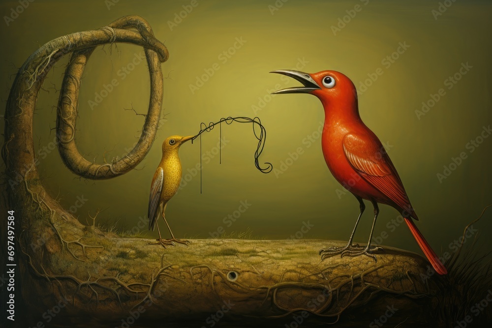 Fantasy scene with a red bird and a bird with a fishing rod, A bird ...