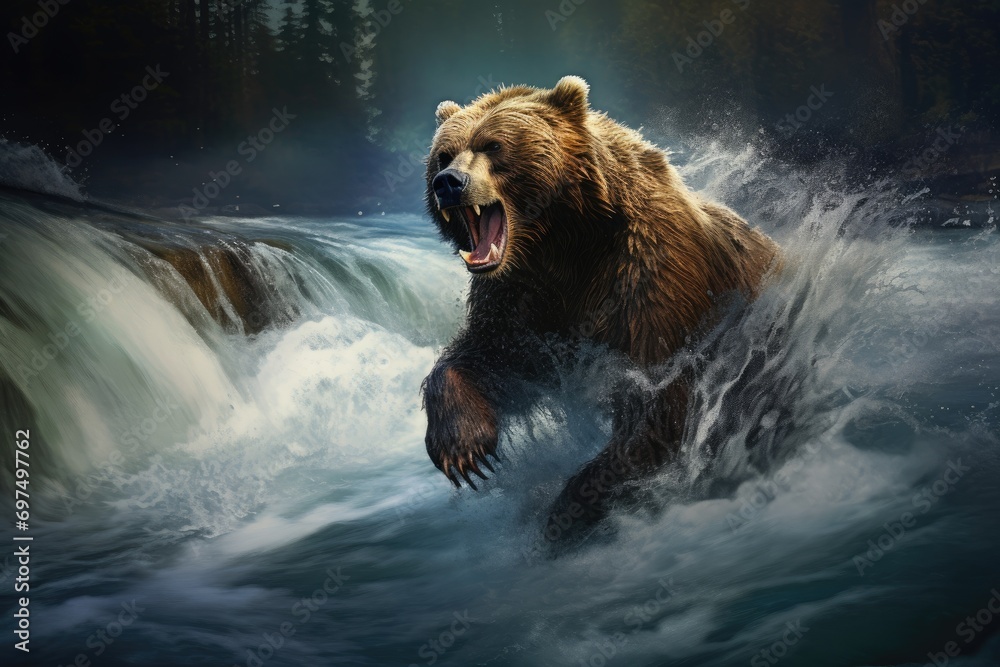 Grizzly bear in the river. Dangerous animal in nature, A brown bear ...