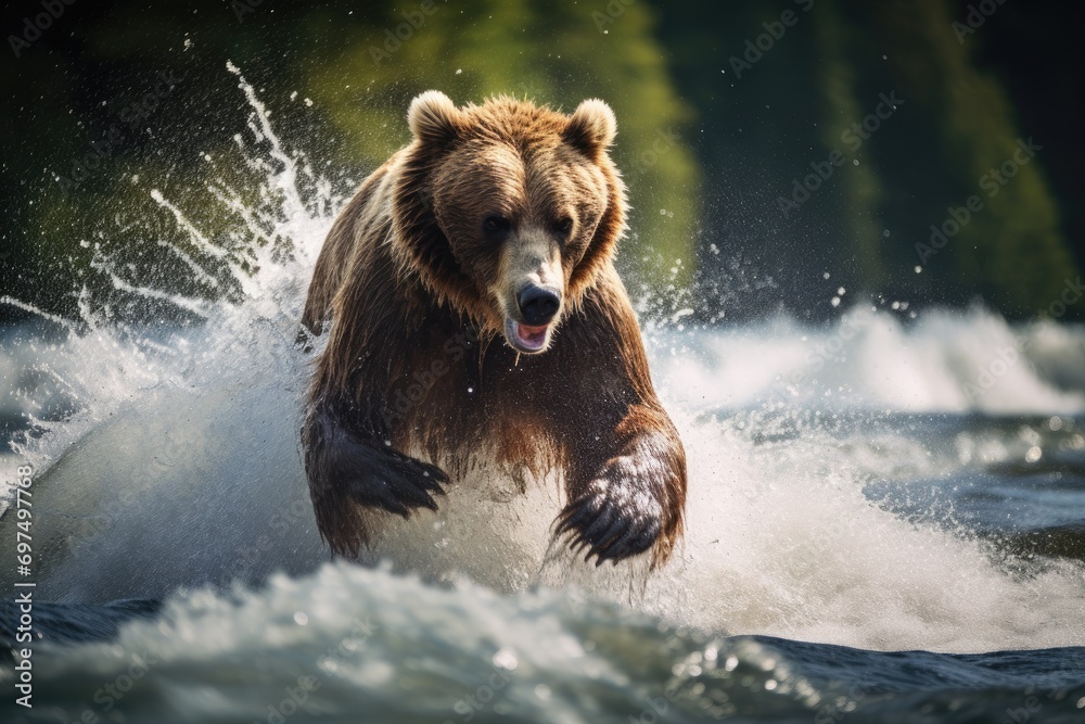 Brown bear chasing fish in the river. Scientific name: Ursus arctos, A ...