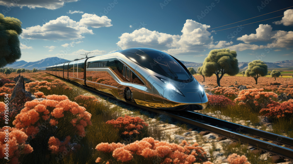 Modern high-speed transport train travels at high speed through nature ...