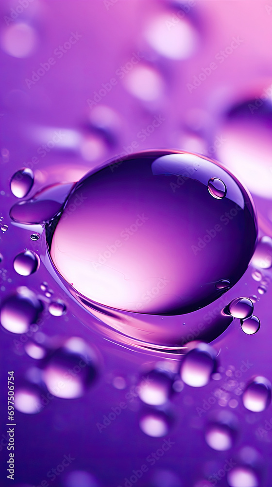macro closeup Big drops of transparent purple liquid bubble water drops ...