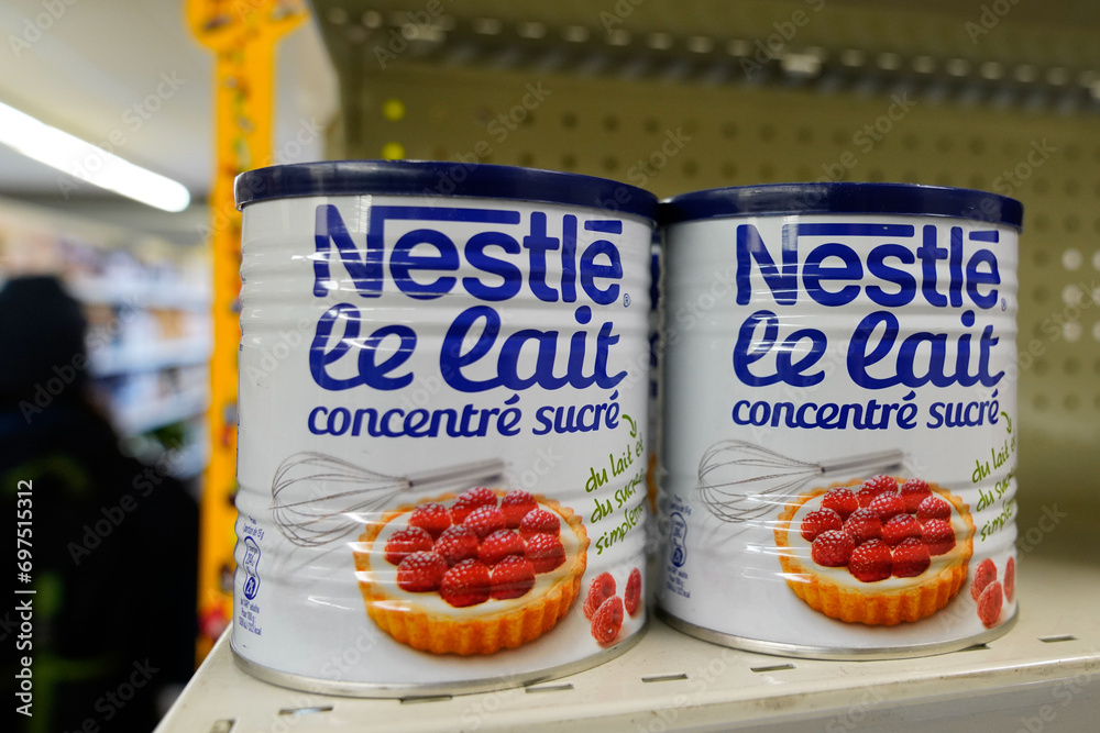Nestle logo brand and text sign on lait concentre sucre means box ...