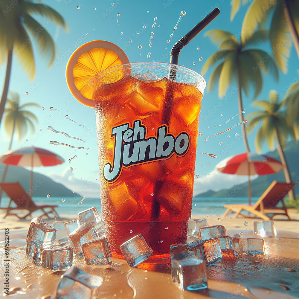3d illustration of iced tea, it says "TEH JUMBO", make sure the words ...