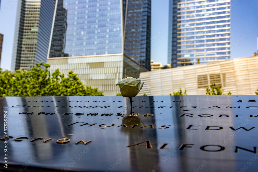 A white rose at the World Trade Center memorial, a tribute to the ...