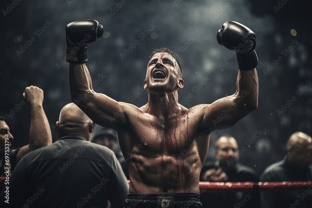 Kickboxer posing in the ring. The athlete climbed the ropes and took a ...