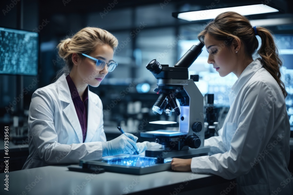 Two female doctors are conducting research, studying substances under a ...