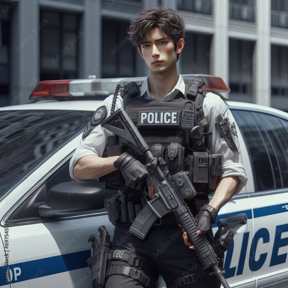 Armed officer in uniform with riffle stands ready beside a police car ...