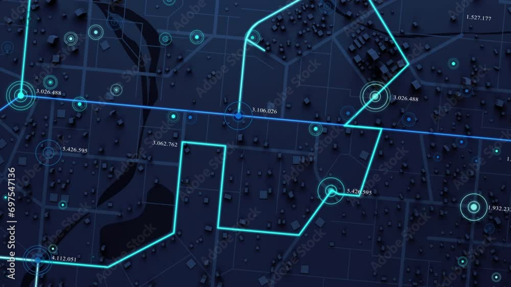 3D Rendering Top view City map with navigator line and destination GPS ...