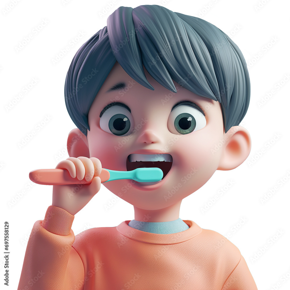 Cute boy brushing his teeth, 3d design. Suitable for health and ...