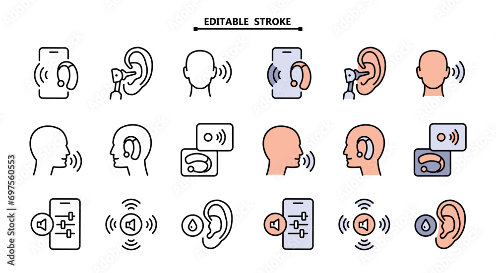 Hearing Aid Collection Icons Set. Editable stroke. Hear Music Earphones ...