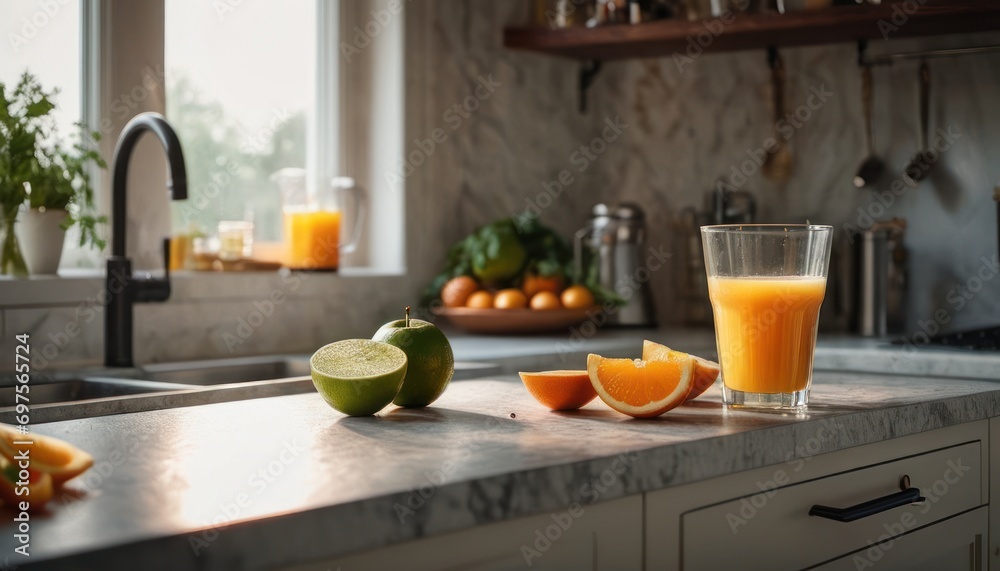a glass of orange juice sitting on top of a kitchen counter next to ...