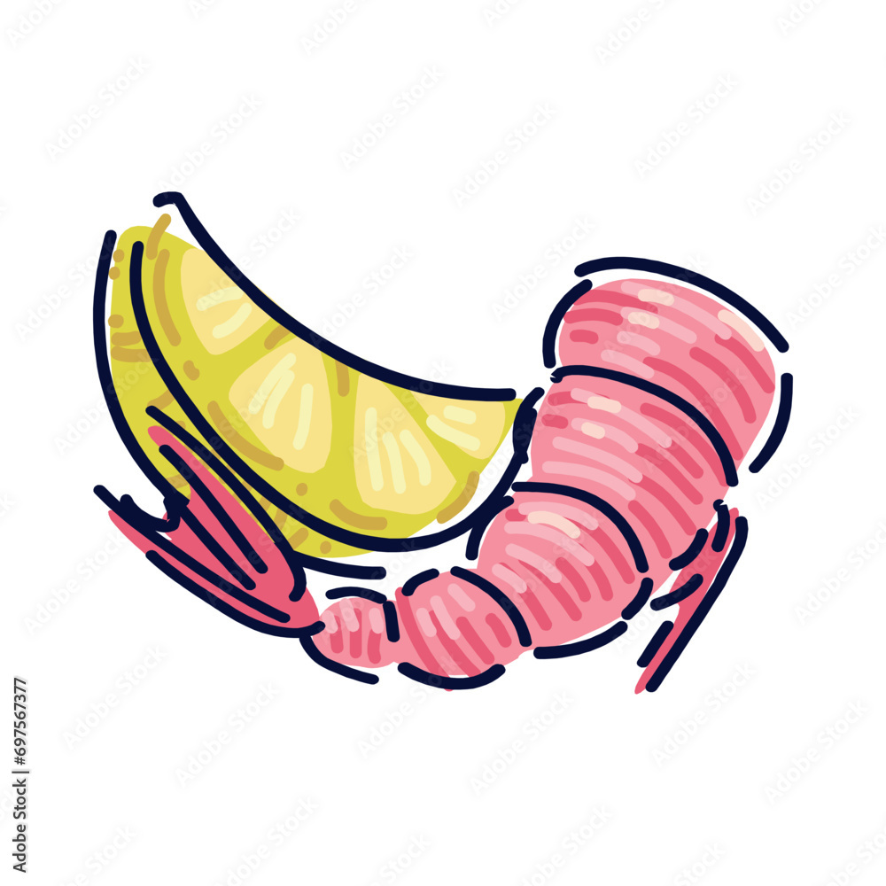 Shrimp cooked seafood icon vector. Shrimp food with lemon vector. Prawn ...