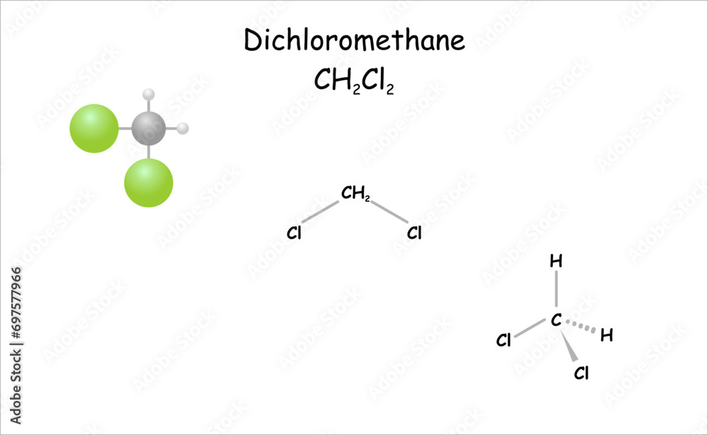 Dichlormethane. Stylized molecule model and structural formula. Use as ...