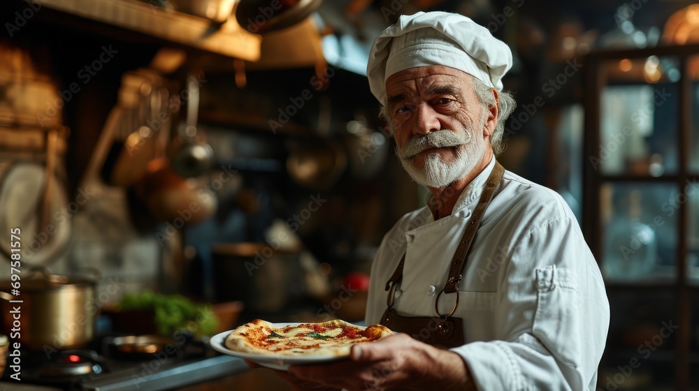 old italian chef with grey moustache, wearing chefs hat on his head ...