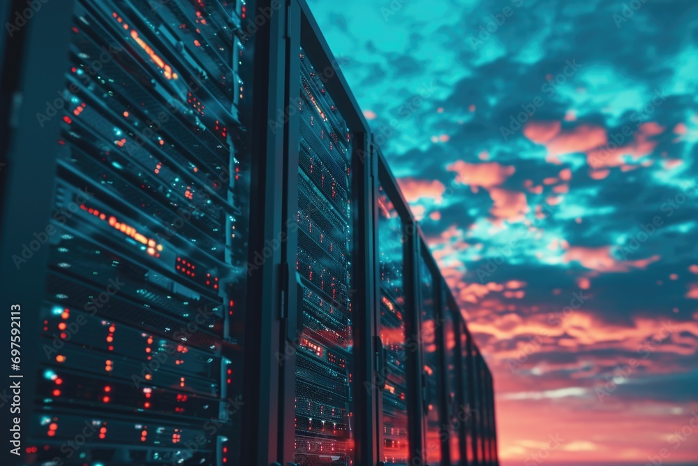 A row of servers in a server room. Ideal for technology, data storage ...