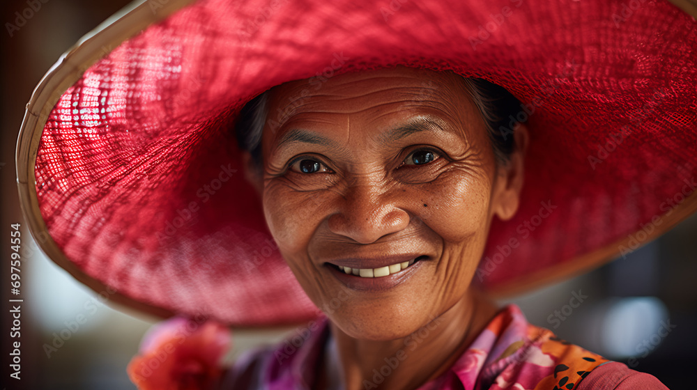 a Filipina woman elegantly carries a vibrant hat, a symbol of Filipino ...