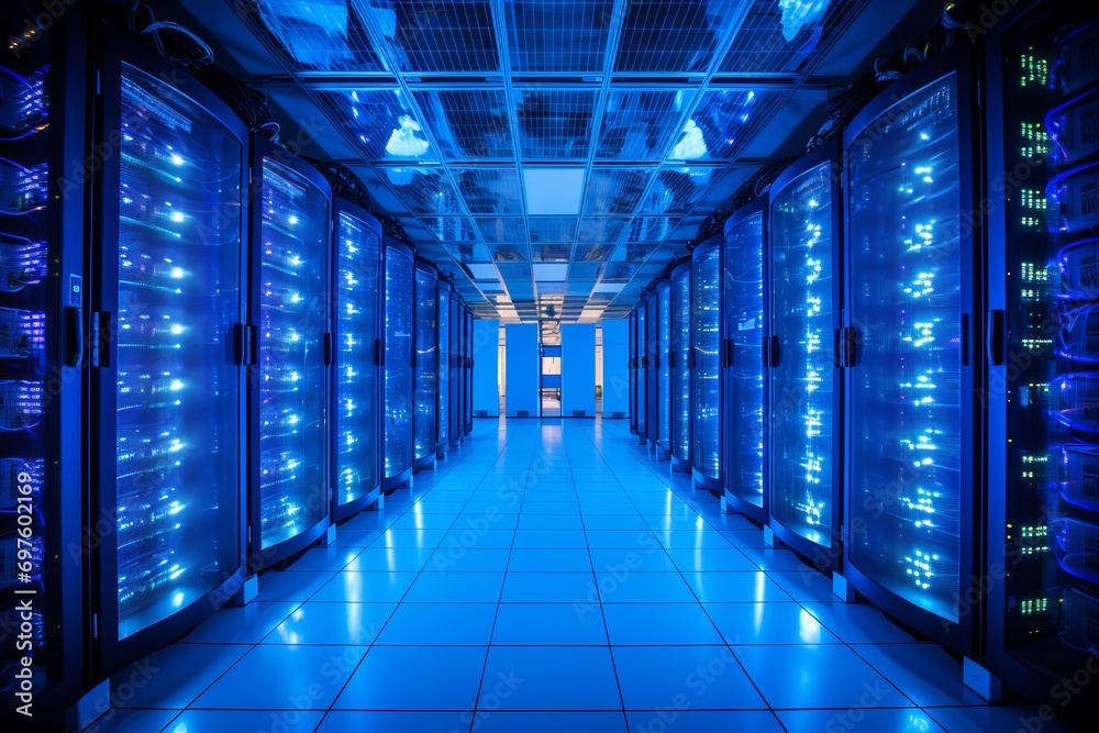 Rows of server racks in a modern data center. Information processing ...