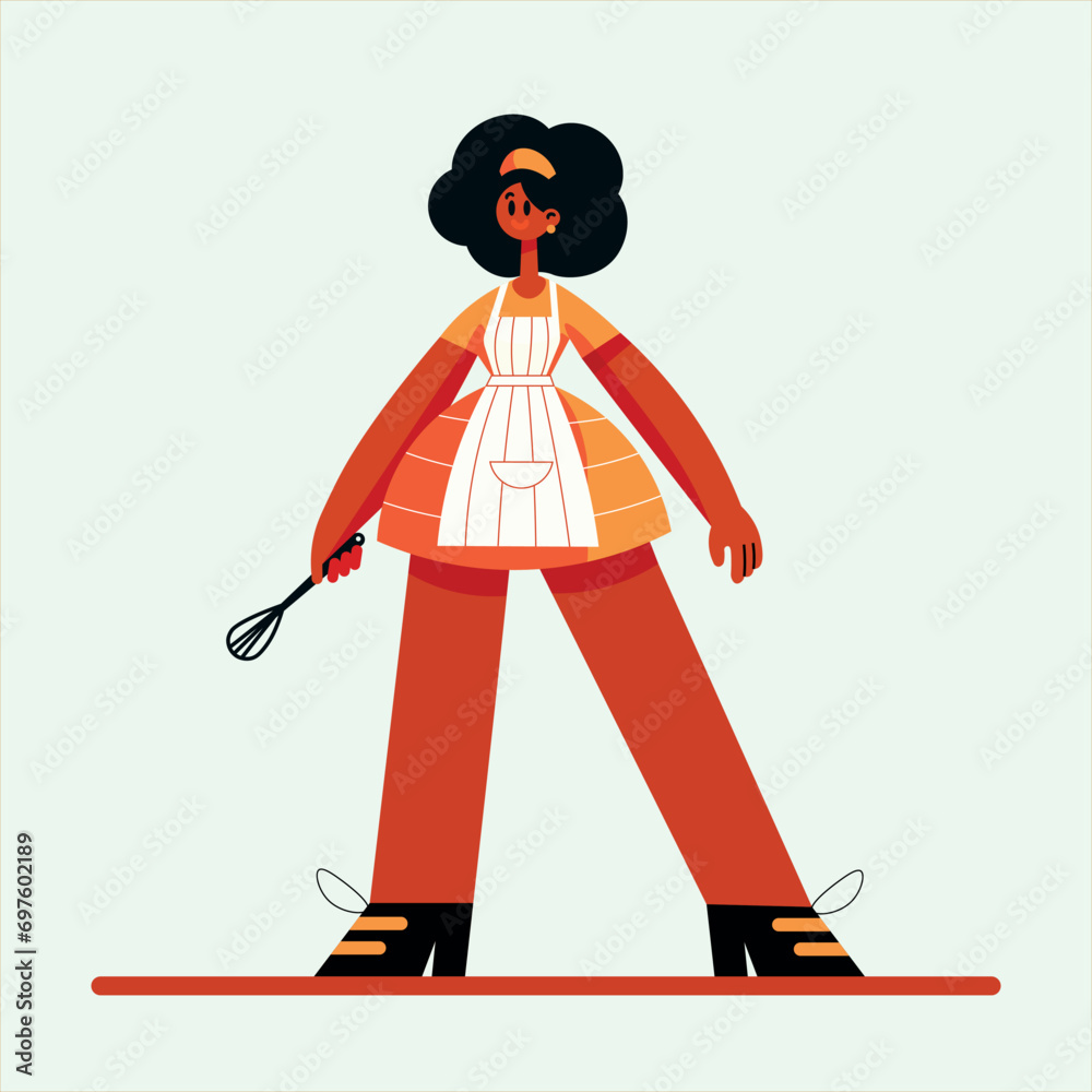 Cartoon flat design of a woman in apron, holding a whisk, flat ...