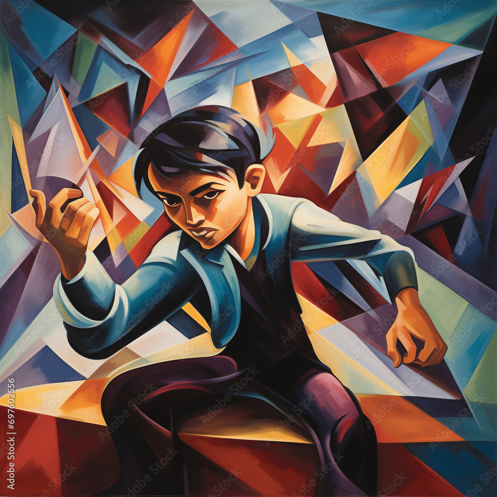 Dynamic Cubist Style Fragmentation of a Boy in Bold Expressive Painting ...
