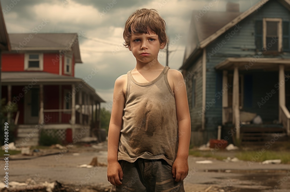 Impoverished Little boy standing in poor neighborhood. Sad child living ...