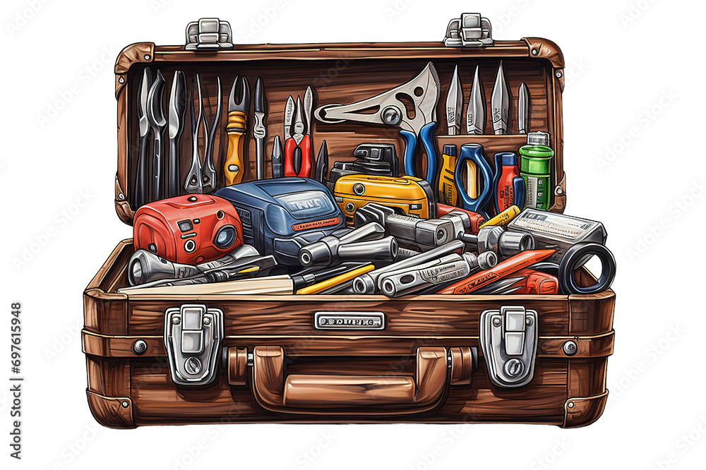 Wooden Toolbox with Tools and Fasteners isolated on PNG Background ...