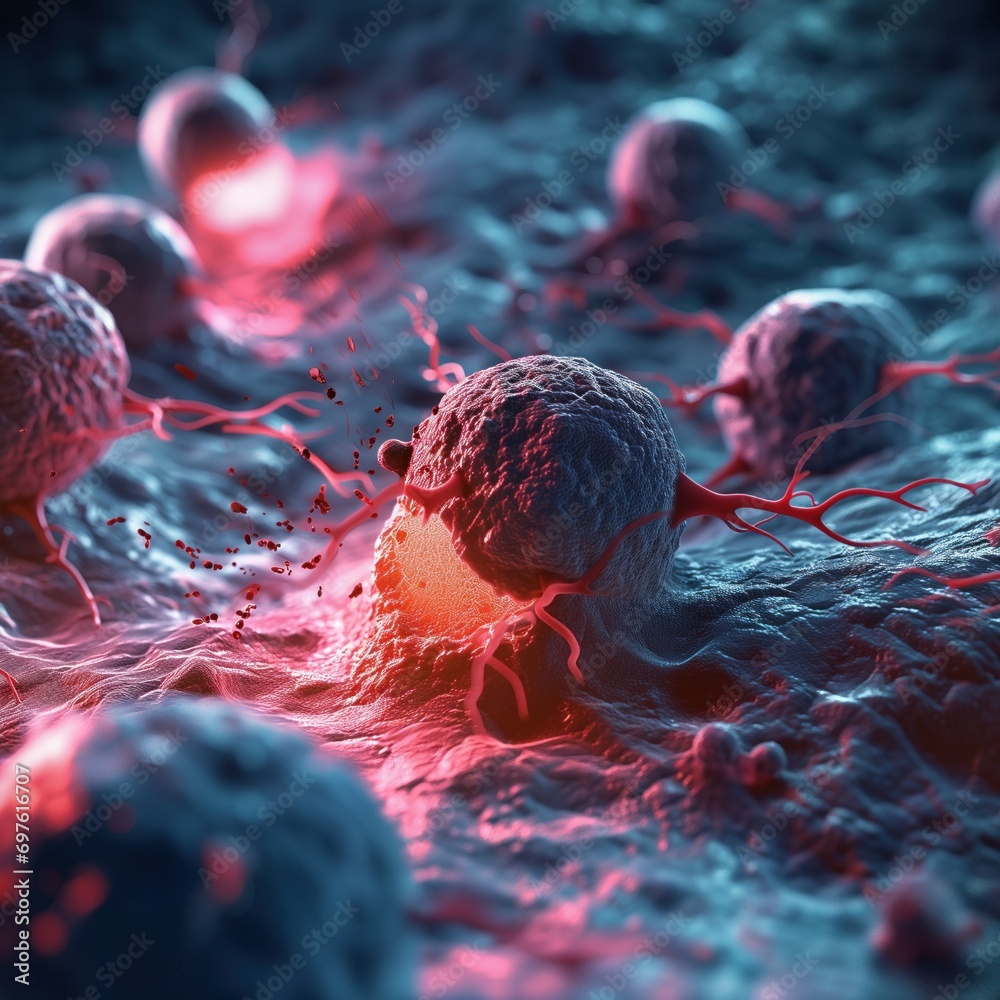 3d illustration depicting aggressive cancer cells in a dynamic red and ...