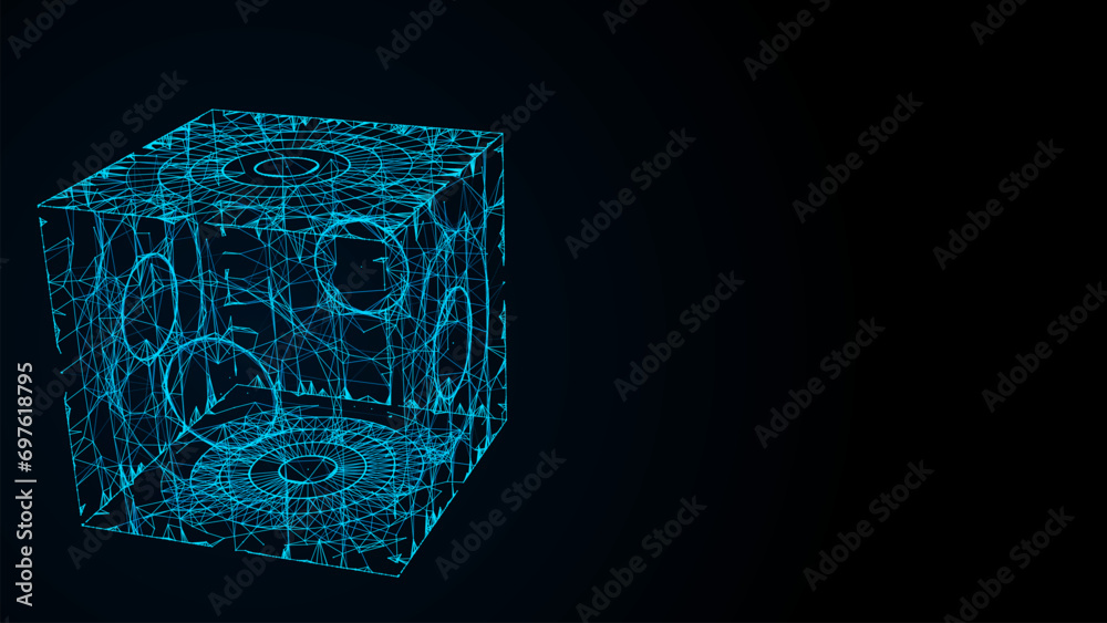 Abstract sci-fi cube with particle and line. Vector technology network ...