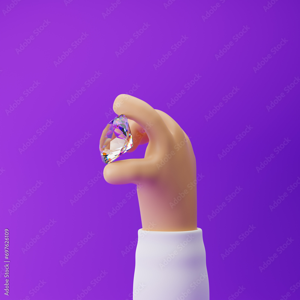Cartoon hand holding diamond isolated over purple background. 3D ...