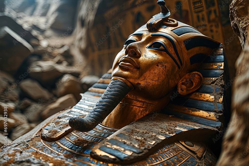 sarcophagus with egyptian mummy on a colorful hieroglyphs wall ...