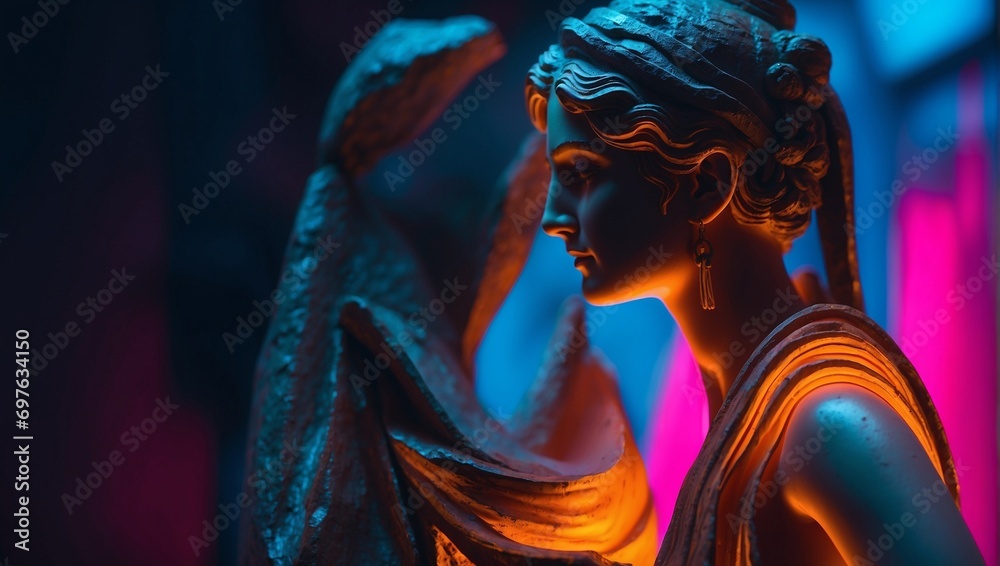 Female sculpture of the goddess of Ancient Greece on a neon background ...