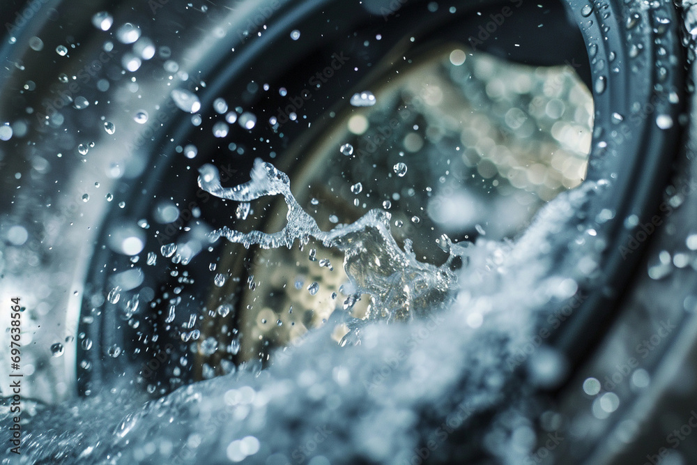 washing machine drum in action, with water droplets suspended in the ...