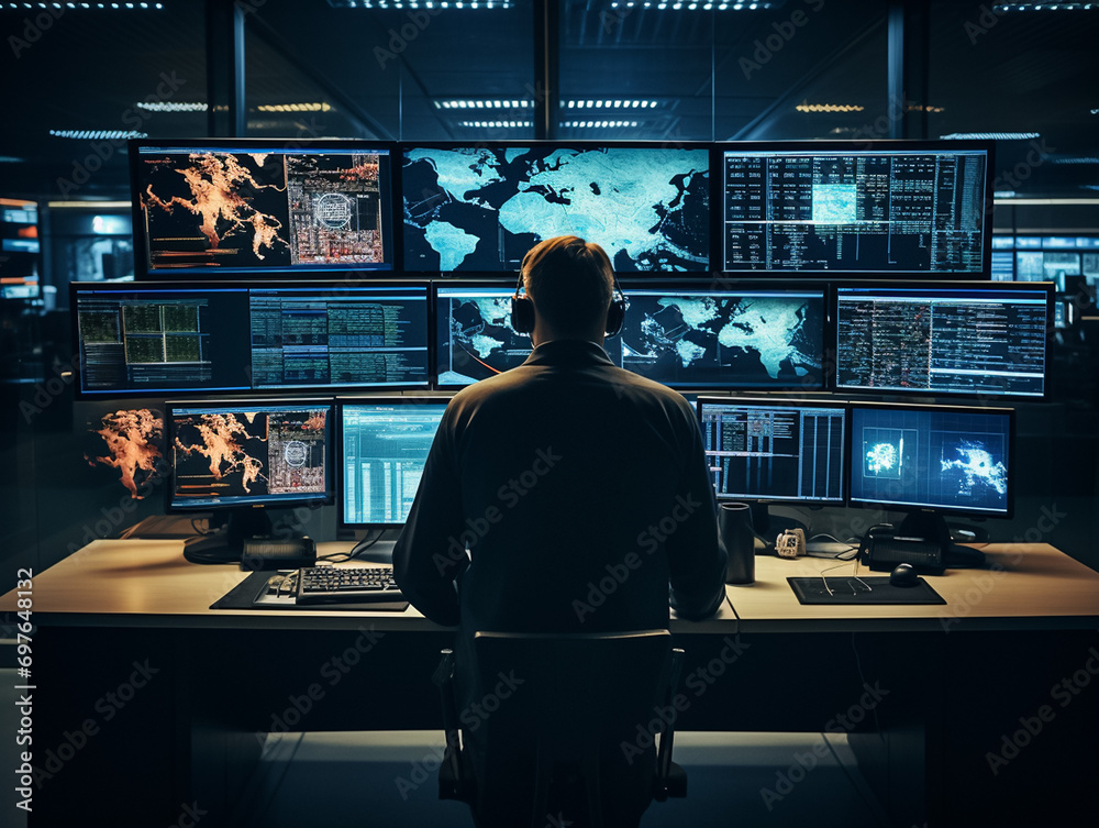An individual monitoring multiple screens in a control room, security ...