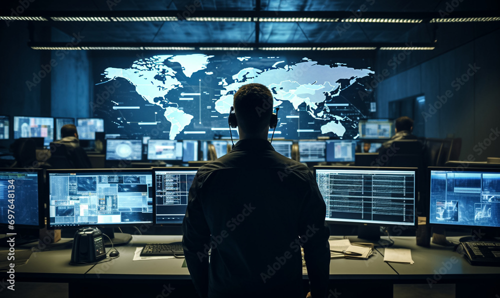 An individual monitoring multiple screens in a control room, security ...