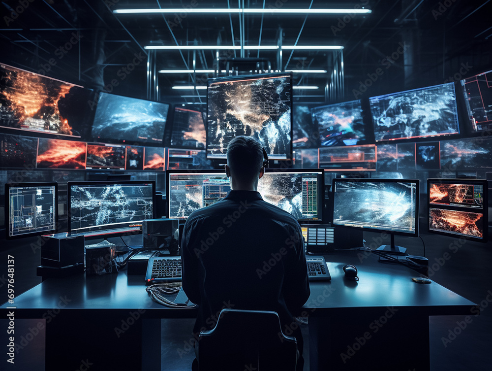 An individual monitoring multiple screens in a control room, security ...