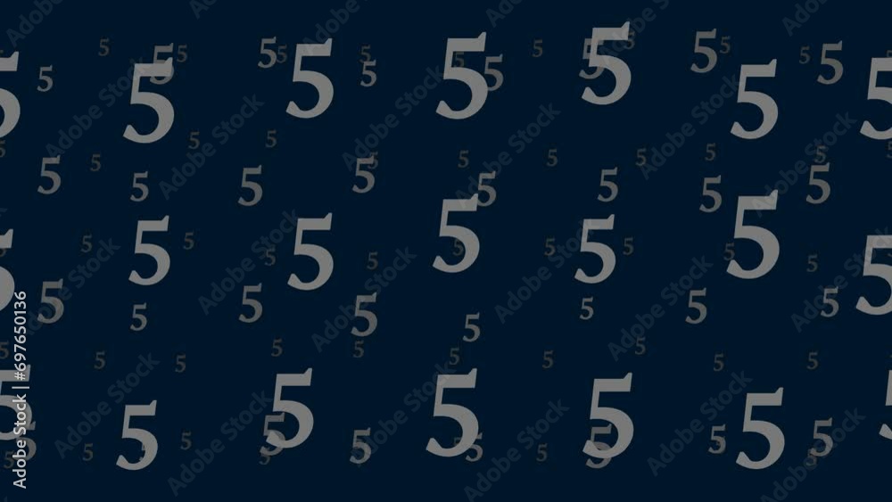 Number five symbols float horizontally from left to right. Parallax fly effect. Floating symbols ...