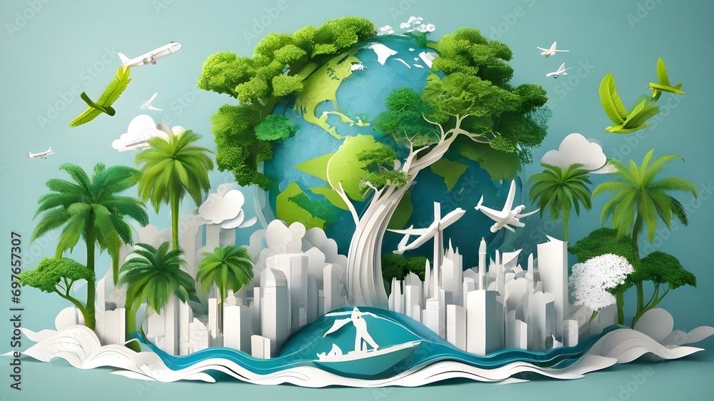 Green paper cut earth planet with nature environment inside. Modern 3d ...