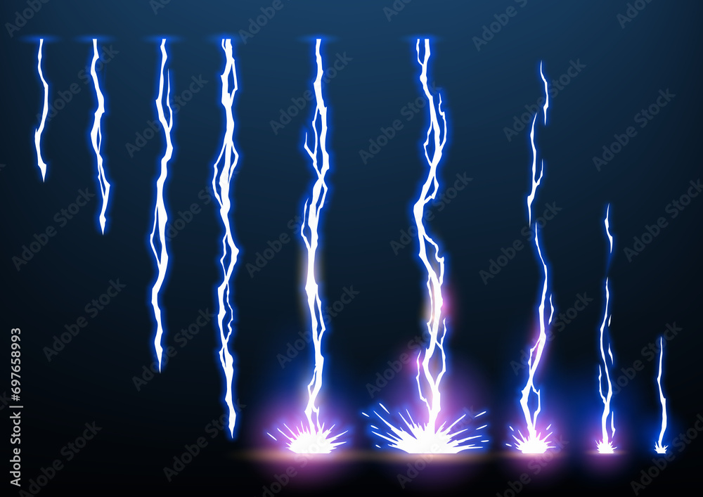 Lightning animation set with sparks. Electricity thunderbolt danger ...