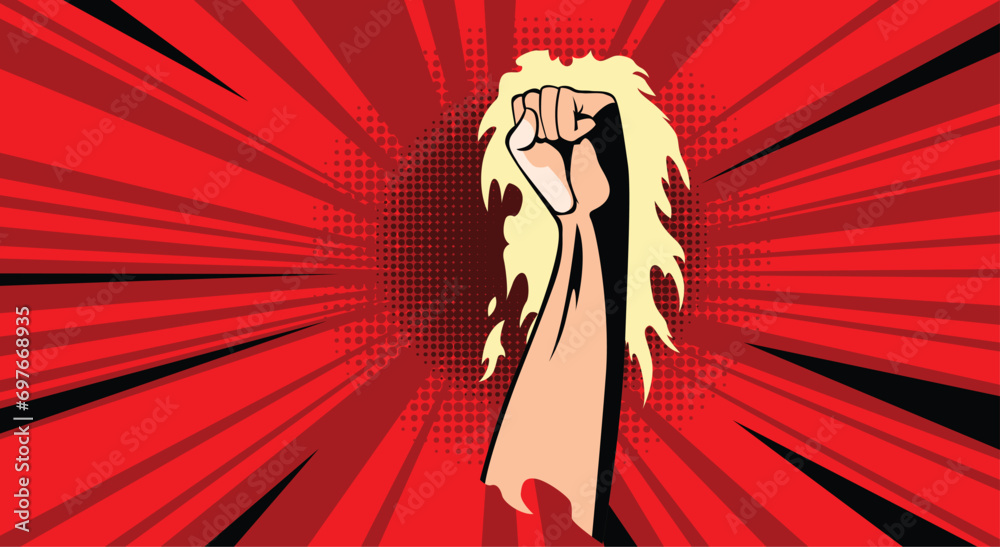 Hand fist. Raised arm fist with comic background. Hand up vector icon ...