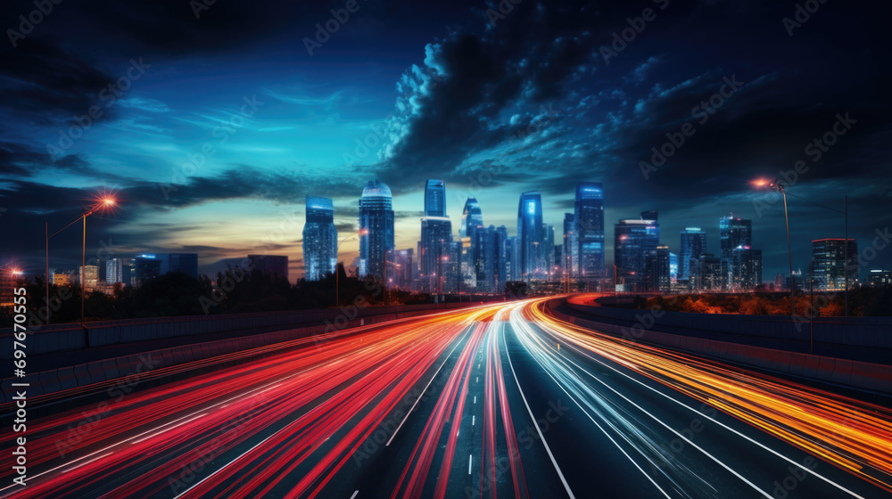 Light flow of traffic on a nighttime highway in a city with modern high ...