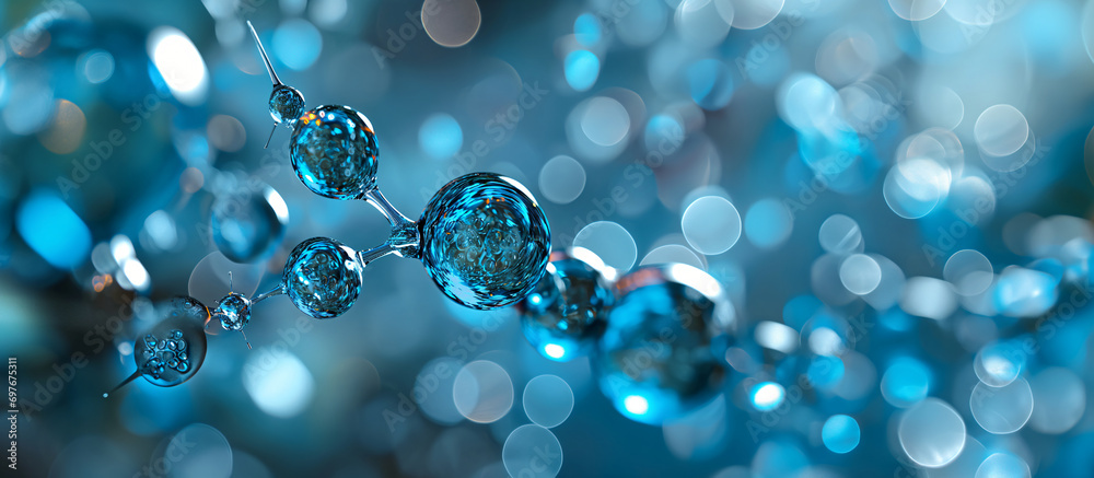 blue molecule atoms structures on blue liquid serum background ...