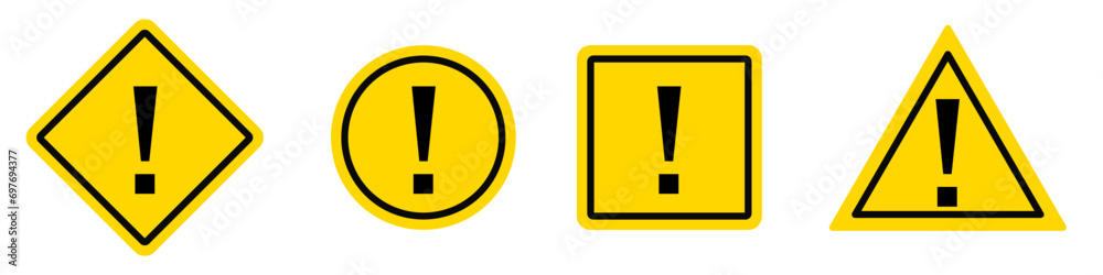 Exclamation mark in yellow square, circle, triangle and rhombus with ...