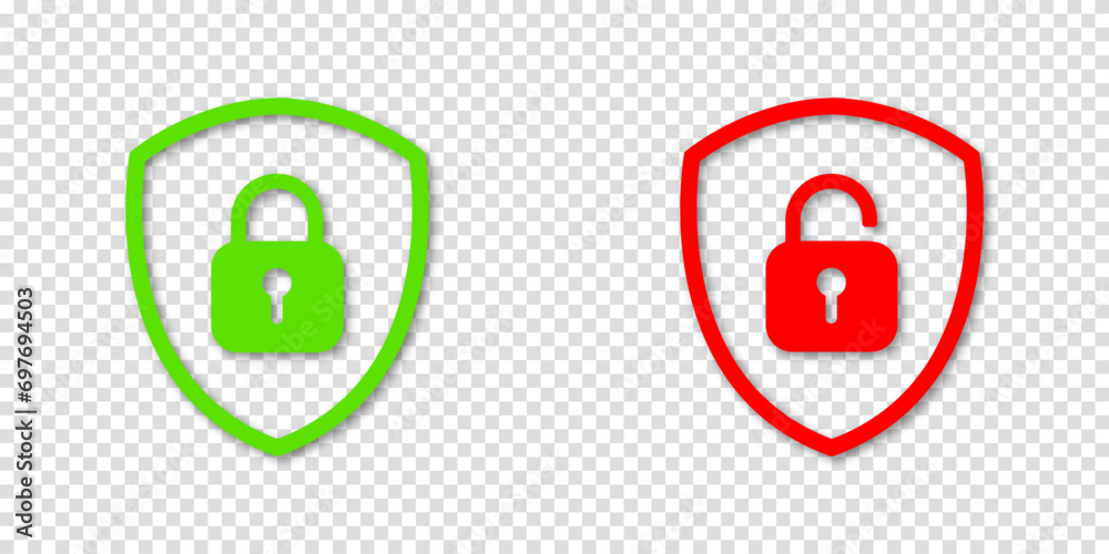Green lock and red unlock padlock with shiled icons. Vector clipart ...