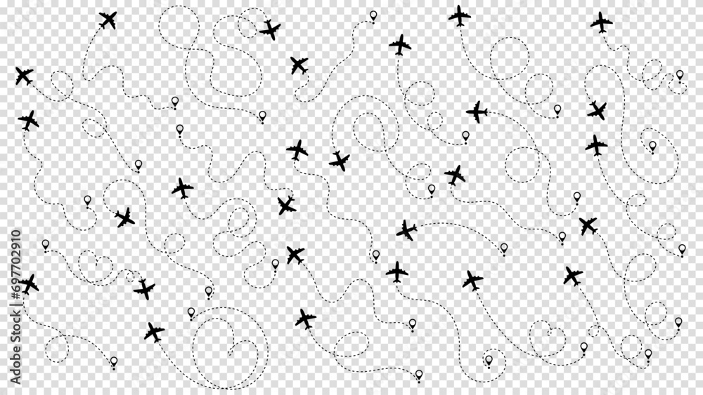Travel concept from start point and dotted line tracing. Airplane or ...