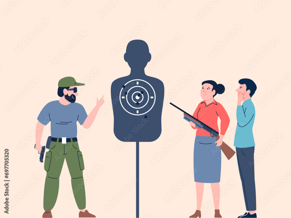 Shooting training with instructor. Male female characters holding ...