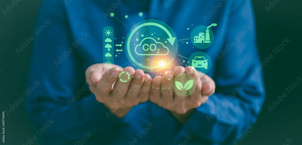 Greenhouse gas carbon reduce CO2 emissions to limit global warming and climate change, green ...