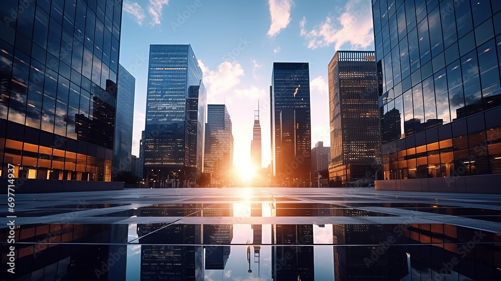 Bottom up view of reflective skyscraper buildings. Business office ...