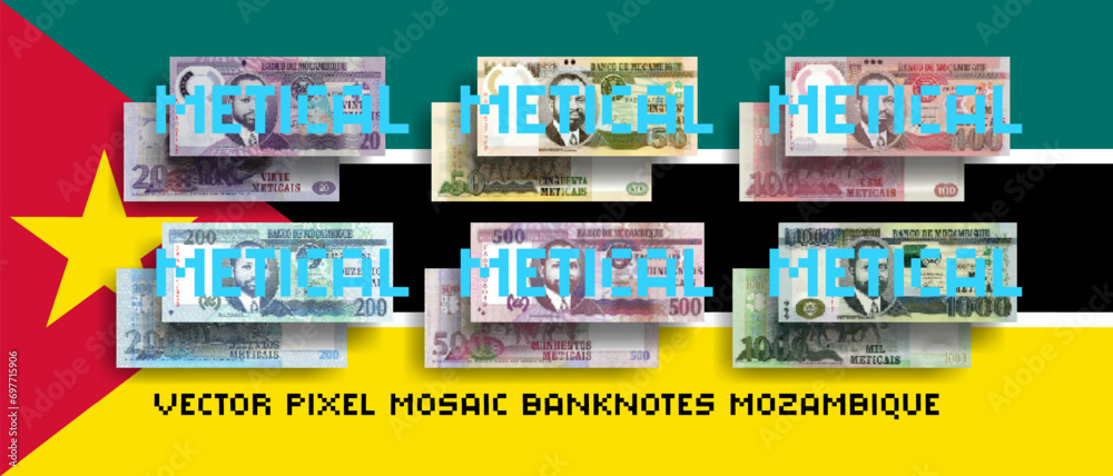 Vector pixel mosaic set of Mozambique banknotes. Collection of notes in ...